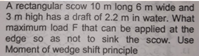 Solved A rectangular scow 10 m long 6 m wide and 3 m high | Chegg.com