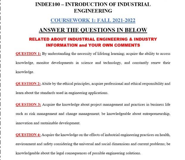 INDEE100 - INTRODUCTION OF INDUSTRIAL ENGINEERING | Chegg.com