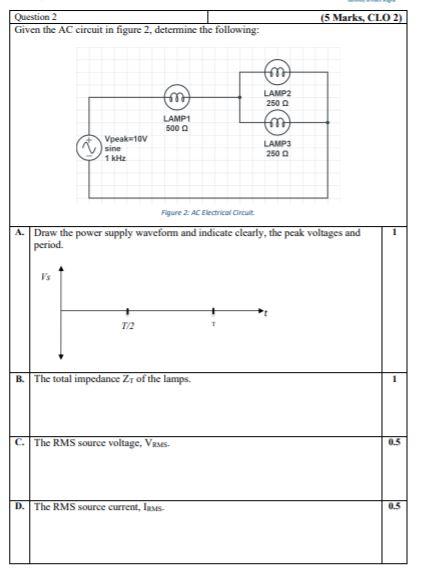 Solved (5 Marks, CLO2) Question 2 Given the AC circuit in | Chegg.com