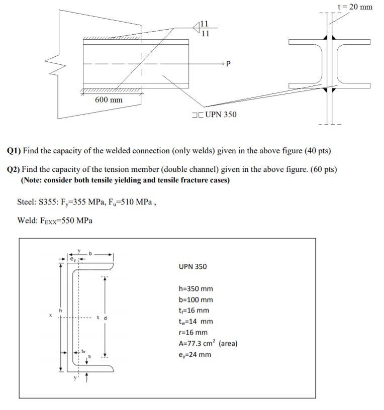 Solved t = 20 mm 11 P 600 mm UPN 350 (1) Find the capacity | Chegg.com