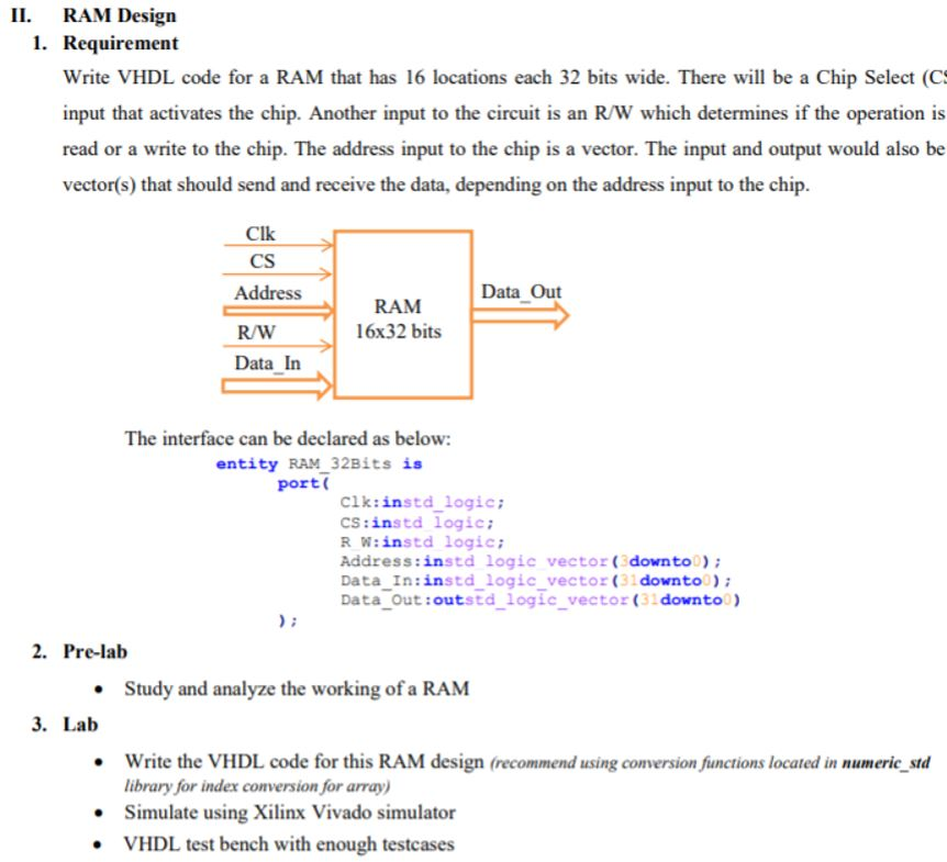 Solved I Ram Design 1 Requirement Write Vhdl Code For A Ram