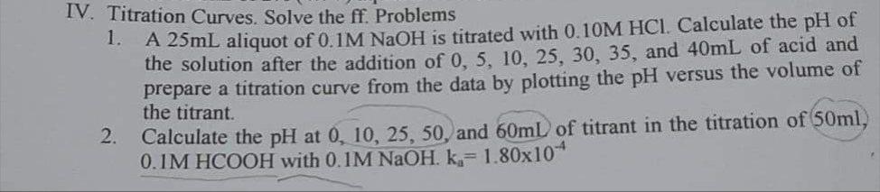 Solved IV. Titration Curves. Solve the ff. Problems 1. A | Chegg.com