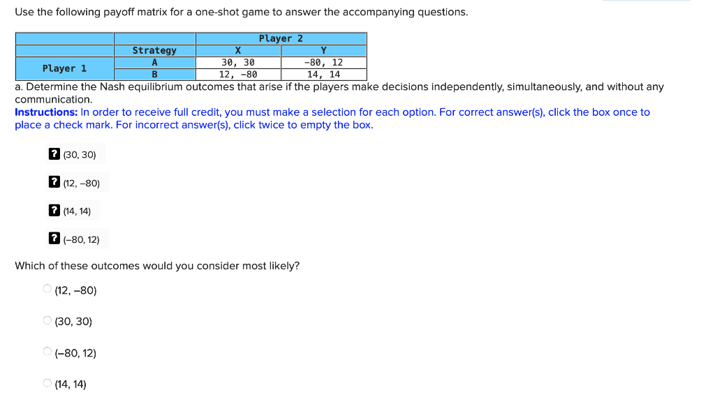 Solved Use the following payoff matrix for a one-shot game | Chegg.com