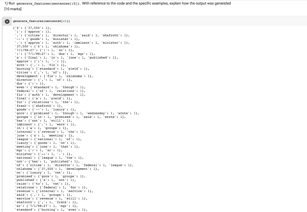 Solved 1) Run generate_features (sentences[:5]). With | Chegg.com