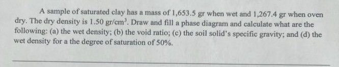 Solved A sample of saturated clay has a mass of 1,653.5gr | Chegg.com
