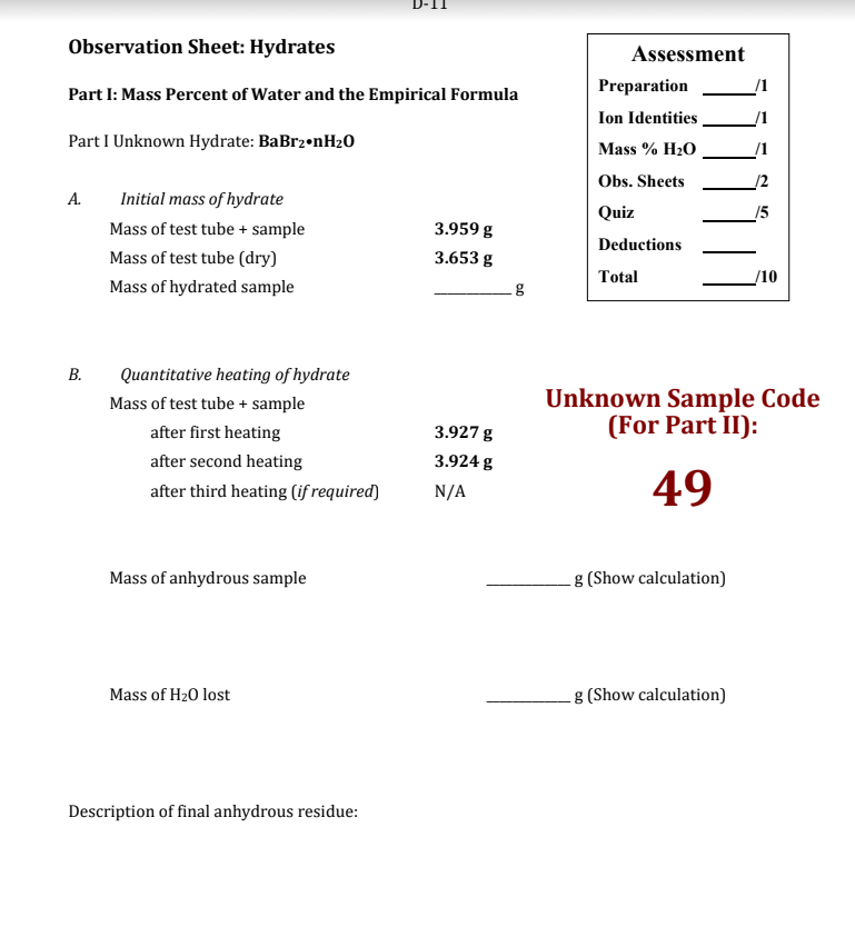 Observation Sheet: Hydrates Part I: Mass Percent of | Chegg.com