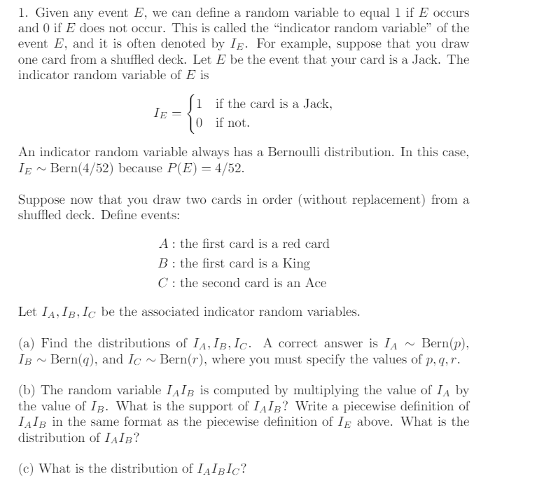 Solved 1. Given any event E, we can define a random variable | Chegg.com