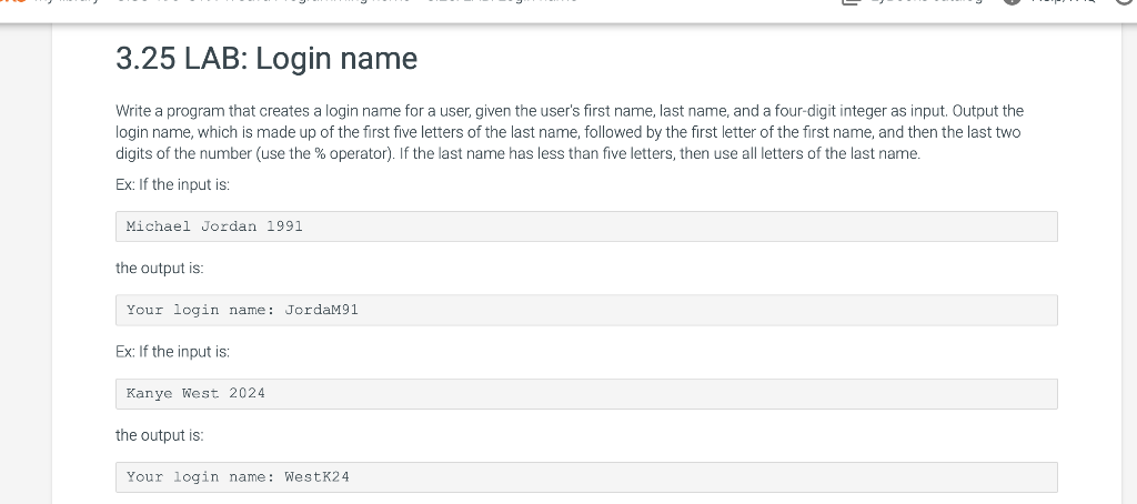 Solved 3.25 LAB: Login name Write a program that creates a | Chegg.com