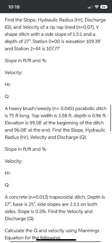 [Solved]: Find the Slope, Hydraulic Radius (Hr), Discharge
