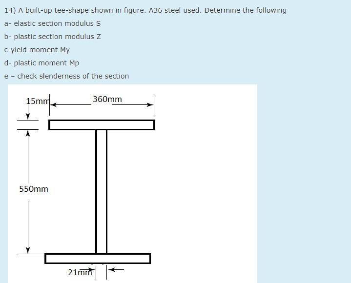 Solved 14) A built-up tee-shape shown in figure. A36 steel | Chegg.com