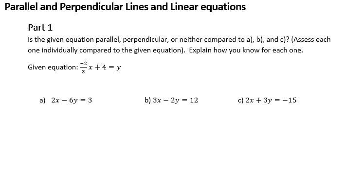 Solved Parallel and Perpendicular Lines and Linear equations | Chegg.com