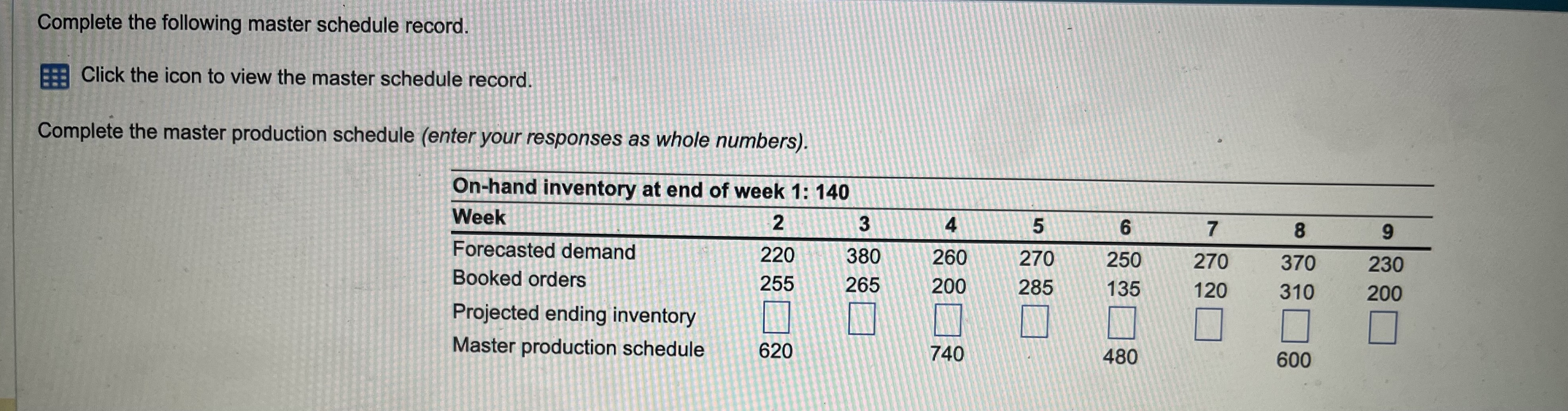 Solved Complete the following master schedule record. Click | Chegg.com