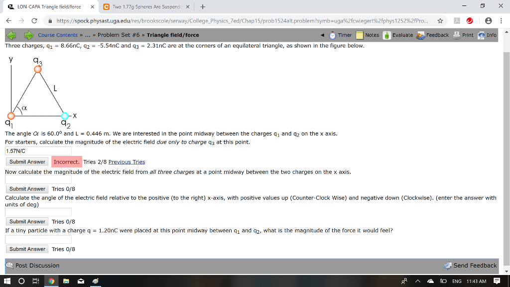 Solved LON-CAPA Triangle field/force × Two 1.77g Spheres Are | Chegg.com