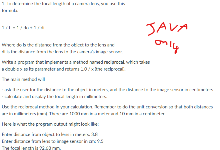 Solved 1. To determine the focal length of a camera lens, | Chegg.com