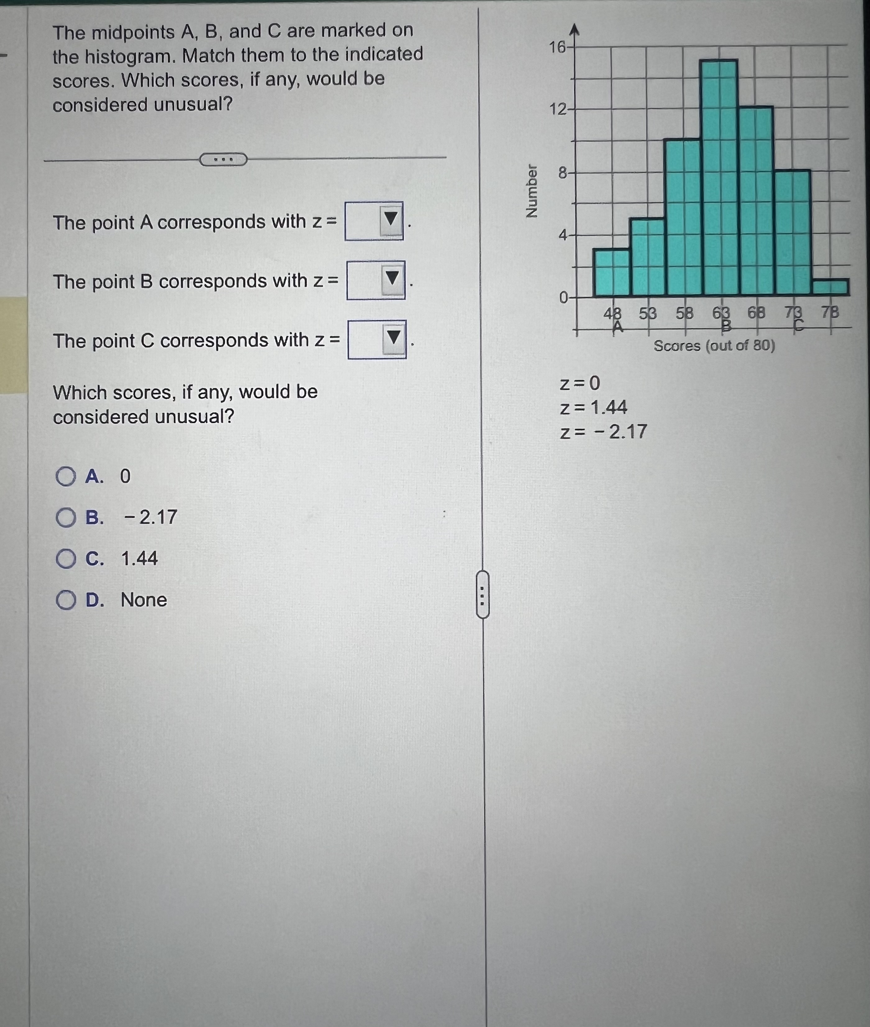 Solved The midpoints A,B, and C are marked on the histogram. | Chegg.com
