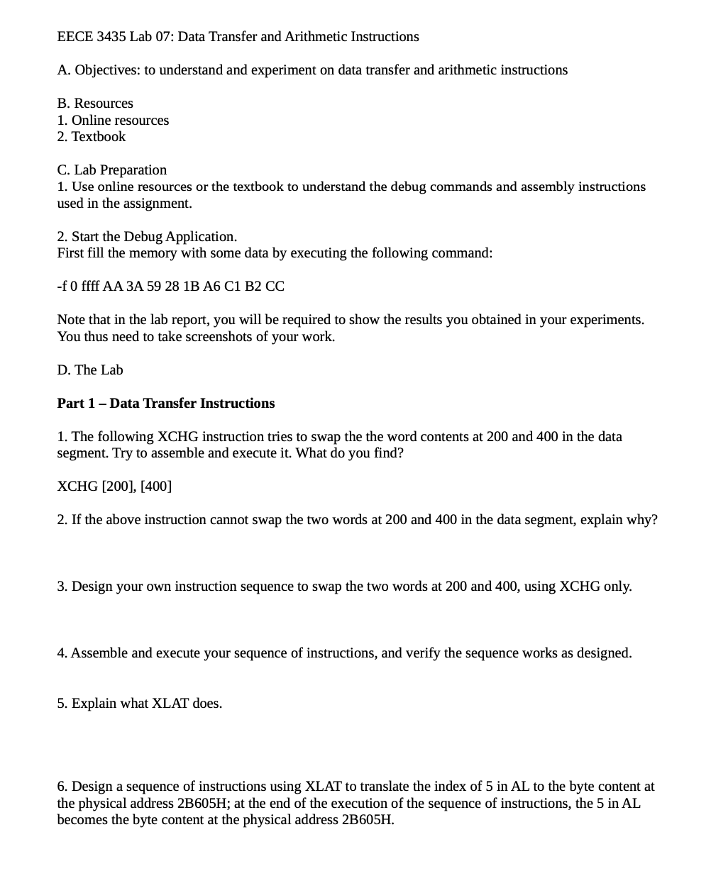 Solved EECE 3435 ﻿Lab 07: Data Transfer and Arithmetic | Chegg.com