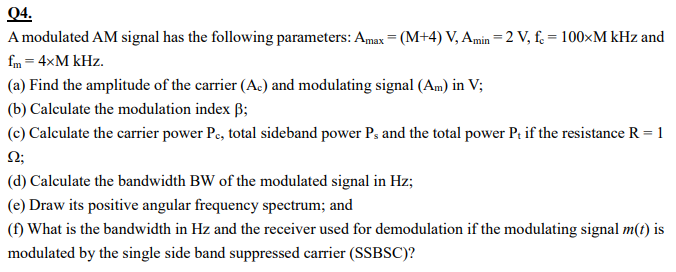 Solved Q4.A modulated AM signal has the following | Chegg.com
