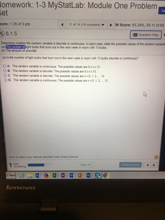 Solved lomework: 1-3 MyStatlab: Module One Problem et core: | Chegg.com