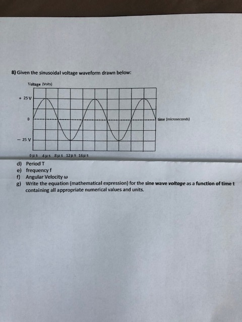 Solved 8) Given the sinusoidal voltage waveform drawn below: | Chegg.com