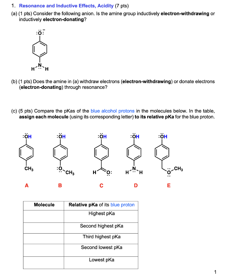 Solved 1. Resonance and Inductive Effects, Acidity (7 pts) | Chegg.com