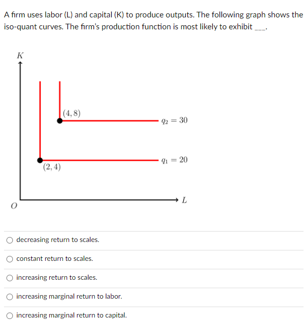 Solved A firm uses labor (L) and capital (K) to produce | Chegg.com