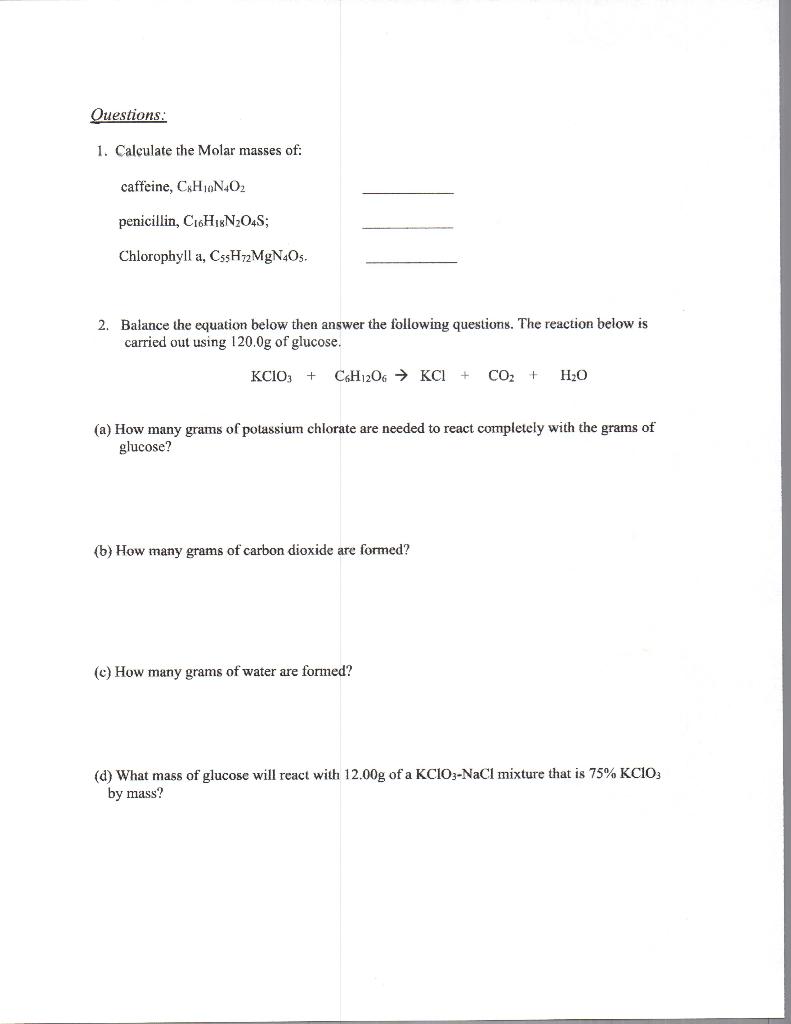 Solved Questions: 1. Calculate the Molar masses of: | Chegg.com
