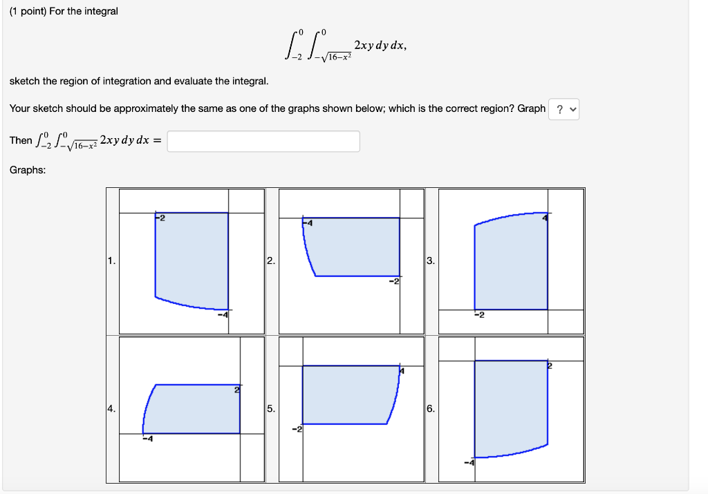 Solved (1 point) For the integral LLOW 2xy dy dx, 16=x2 | Chegg.com