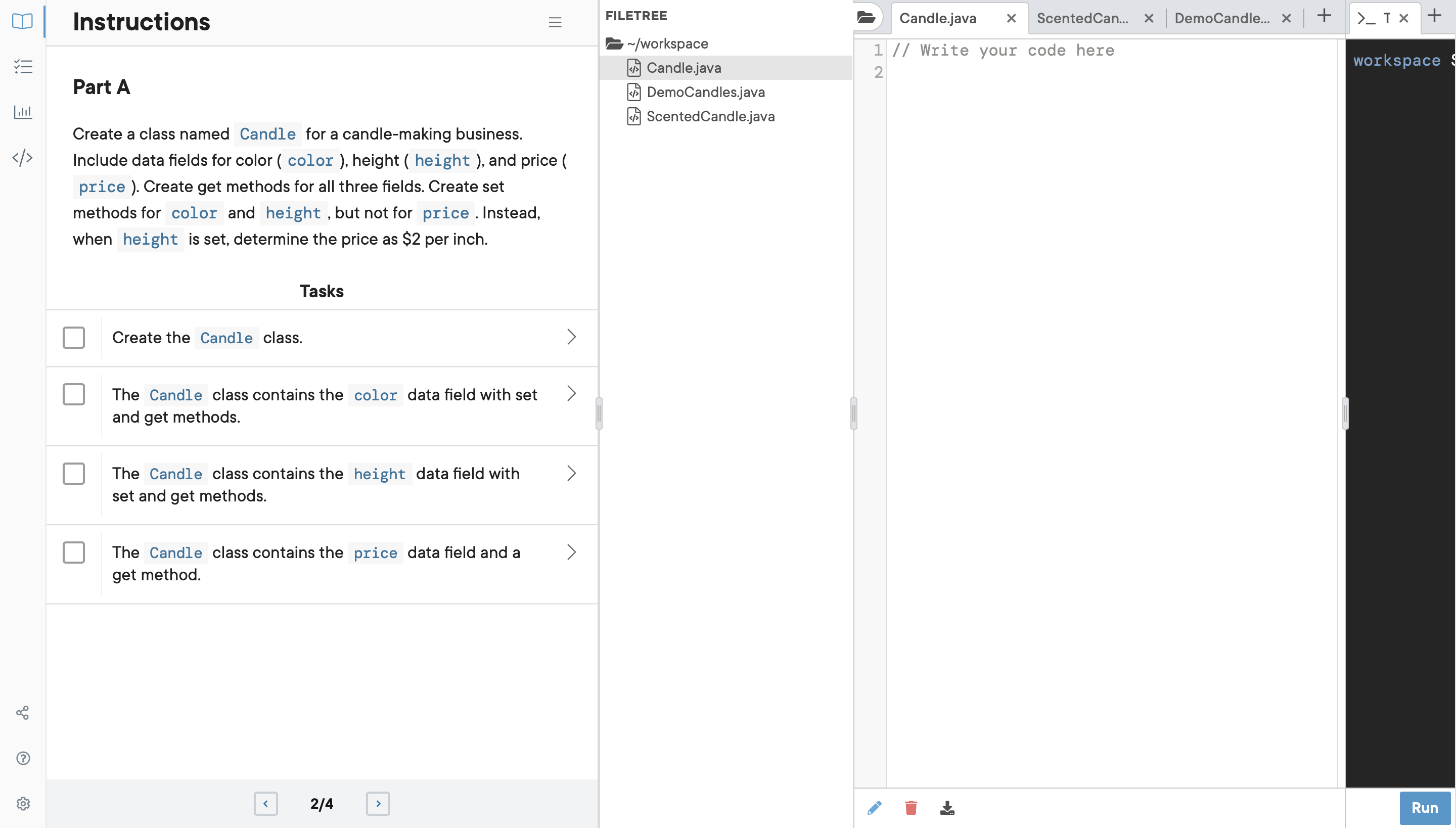 Solved Part A /workspace Q1. Candle.java 用 DemoCandles.java | Chegg.com