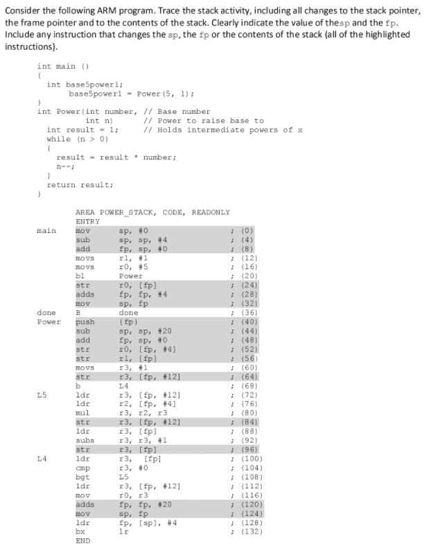 Consider the following ARM program. Trace the stack | Chegg.com