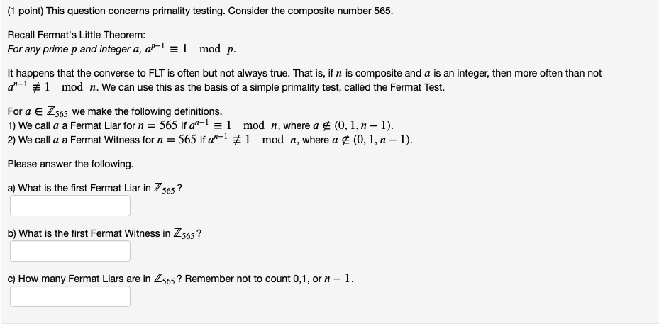 Solved (1 point) This question concerns primality testing. | Chegg.com