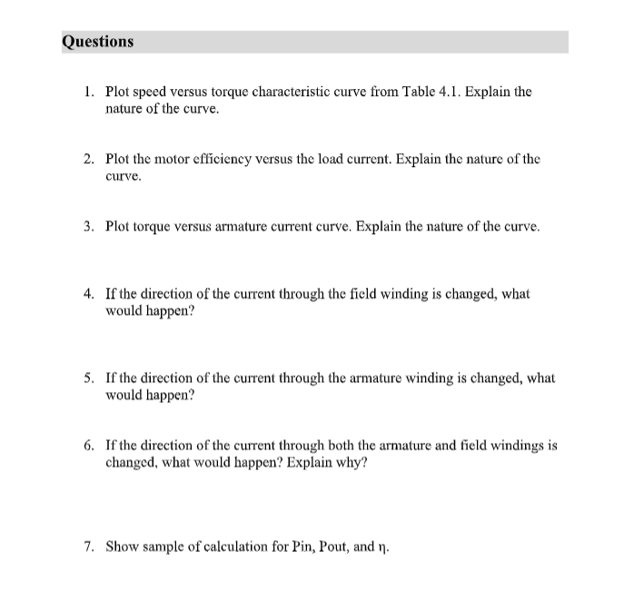 Solved Questions 1. Plot speed versus torque characteristic | Chegg.com