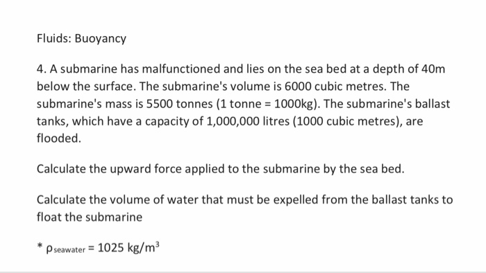 Solved Fluids: Buoyancy 4. A submarine has malfunctioned and | Chegg.com