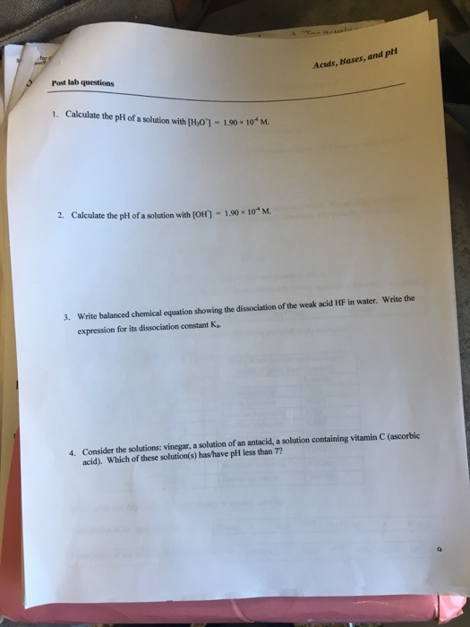 Solved Acıds, Bases, and pH Post lab questions 1. Calculate | Chegg.com