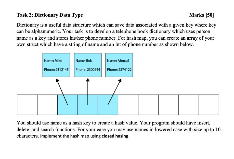 Task 2: Dictionary Data Type Marks [50] Dictionary is | Chegg.com