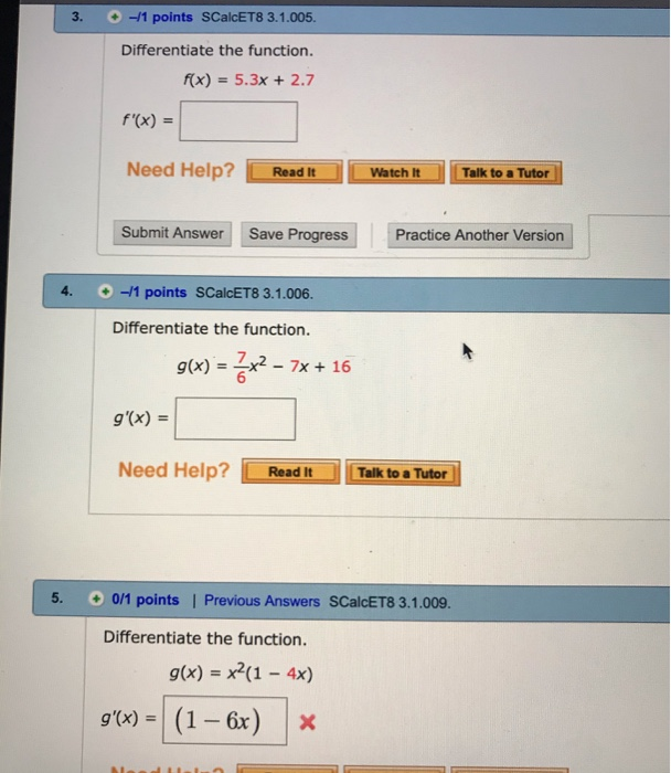 Solved 3. -/1 points SCalcET8 3.1.005. Differentiate the | Chegg.com