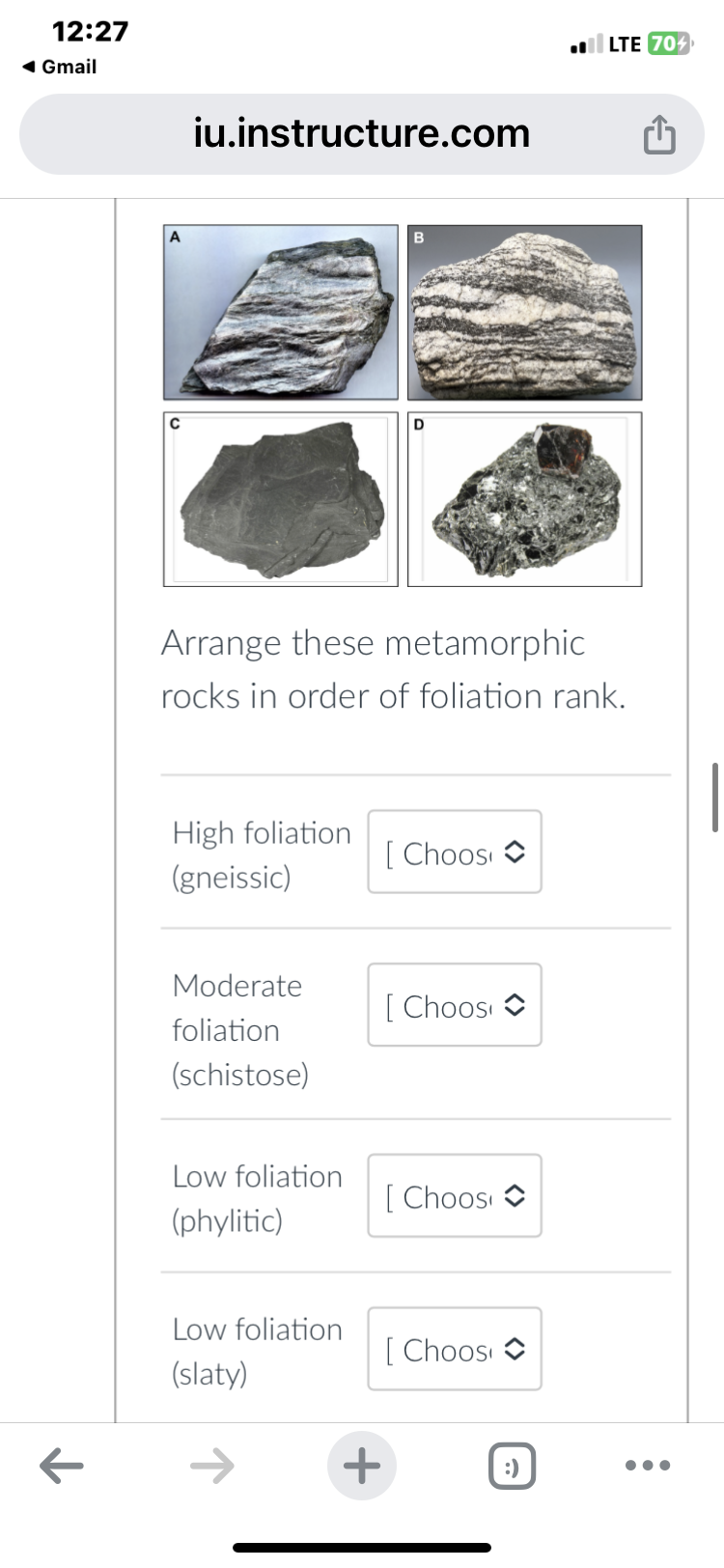 Solved iu.instructure.com 凹 Arrange these metamorphic rocks | Chegg.com