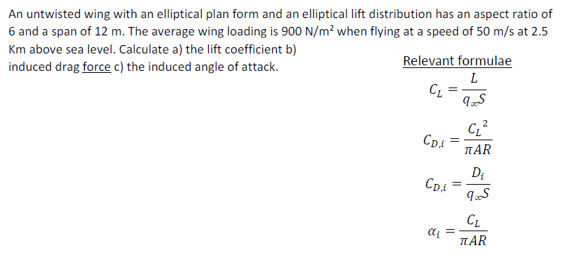 Solved An untwisted wing with an elliptical plan form and an | Chegg.com