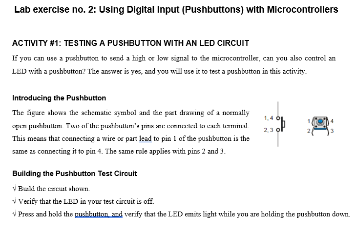 Solved Lab exercise no. 2: Using Digital Input (Pushbuttons) | Chegg.com