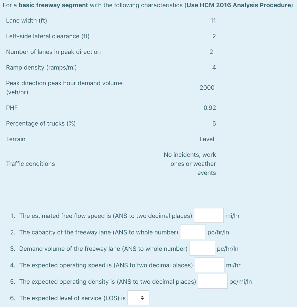Solved For a basic freeway segment with the following | Chegg.com