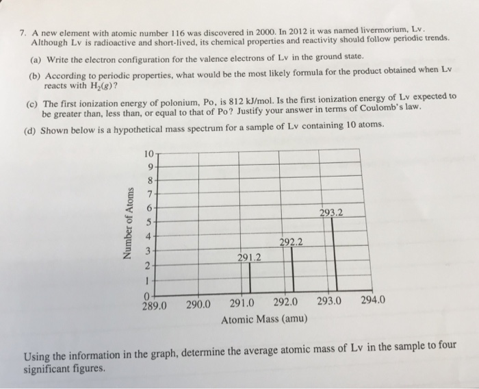 Solved 7. A new element with atomic number 116 was | Chegg.com
