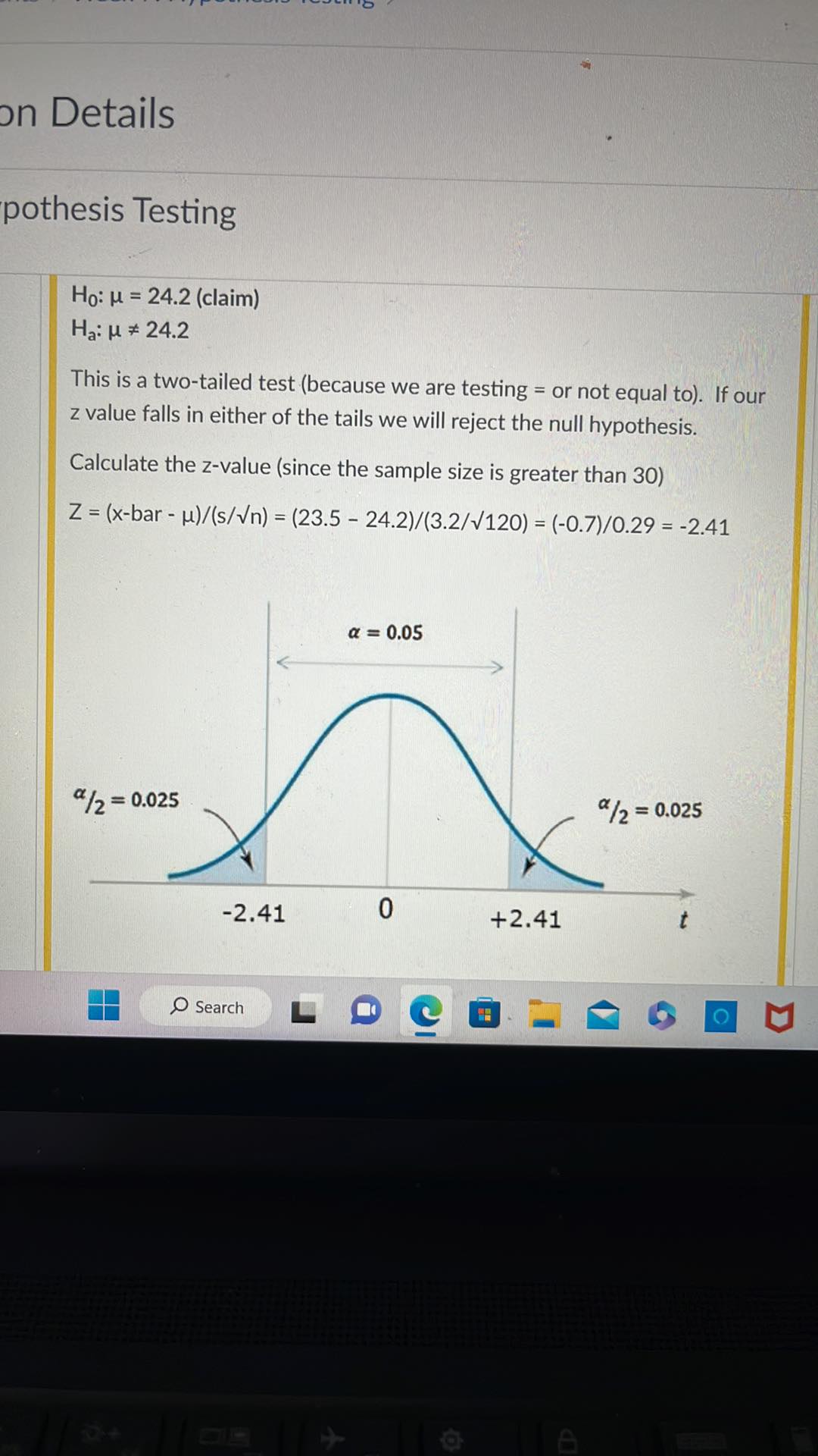 Solved pothesis Testing H0:μ=24.2 (claim) Ha:μ =24.2 This is | Chegg.com