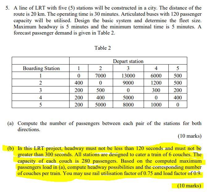 5. A line of LRT with five (5) stations will be | Chegg.com