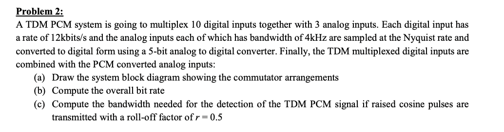Solved Problem 2: A TDM PCM system is going to multiplex 10 | Chegg.com