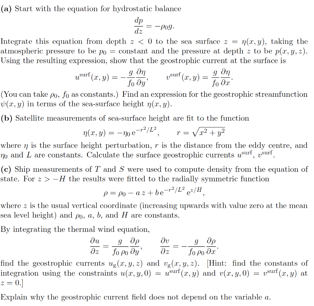 Solved 3. A cold-core ocean eddy located at 40° S has been | Chegg.com