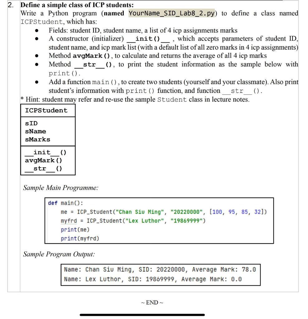 Solved Define a simple class of ICP students: Write a Python | Chegg.com
