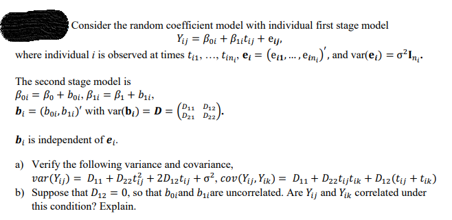 Solved Consider the random coefficient model with individual | Chegg.com