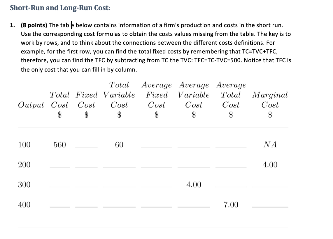 Solved Short-Run and Long-Run Cost: 1. (8 points) The table | Chegg.com