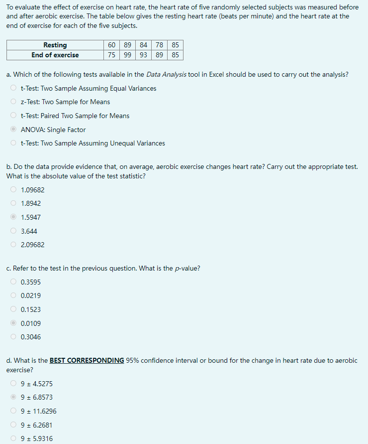 Solved To evaluate the effect of exercise on heart rate, the | Chegg.com