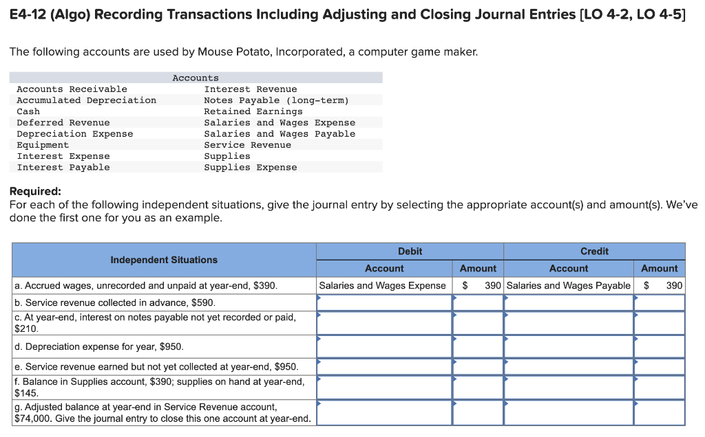 Solved E4-12 (Algo) Recording Transactions Including | Chegg.com