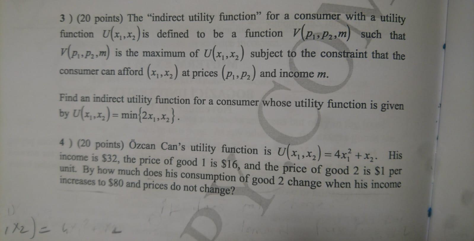 Solved 3) (20 points) The “indirect utility function” for a | Chegg.com